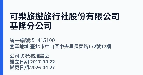 可樂旅遊旅行社股份有限公司基隆分公司的照片-統編 51415100(臺北市) 公司登記資料與營業項目詳細圖表