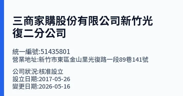 三商家購股份有限公司新竹光復二分公司的照片-統編 51435801(新竹市) 公司登記資料與營業項目詳細圖表