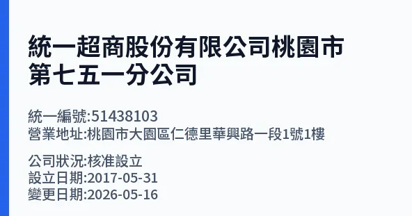 統一超商股份有限公司桃園市第七五一分公司的照片-統編 51438103(桃園市) 公司登記資料與營業項目詳細圖表