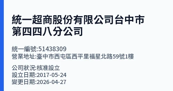 統一超商股份有限公司台中市第四四八分公司的照片-統編 51438309(臺中市) 公司登記資料與營業項目詳細圖表
