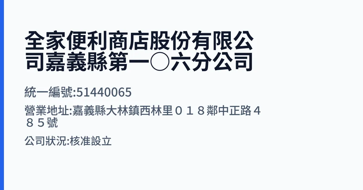 全家便利商店股份有限公司嘉義縣第一○六分公司 - 統編 51440065(嘉義縣) 公司登記資料與營業項目詳細圖表