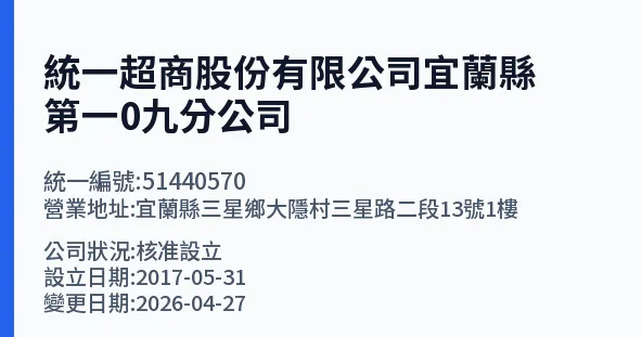 統一超商股份有限公司宜蘭縣第一0九分公司的照片-統編 51440570(宜蘭縣) 公司登記資料與營業項目詳細圖表