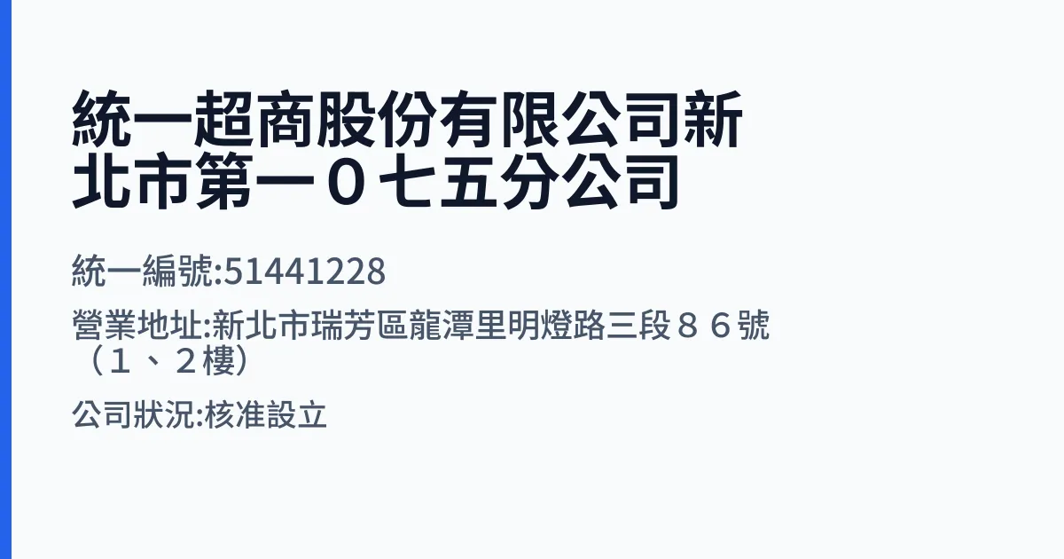 統一超商股份有限公司新北市第一０七五分公司 - 統編 51441228(新北市) 公司登記資料與營業項目詳細圖表