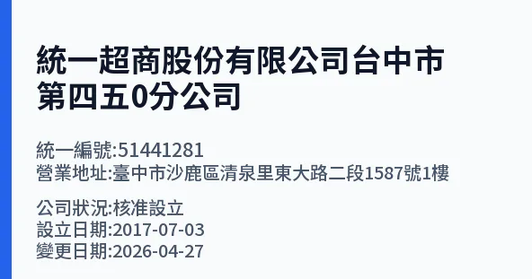 統一超商股份有限公司台中市第四五0分公司的照片-統編 51441281(臺中市) 公司登記資料與營業項目詳細圖表