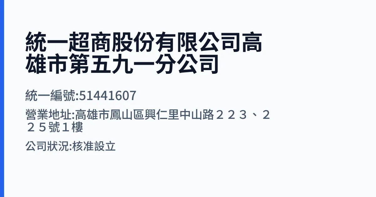 統一超商股份有限公司高雄市第五九一分公司 - 統編 51441607(高雄市) 公司登記資料與營業項目詳細圖表