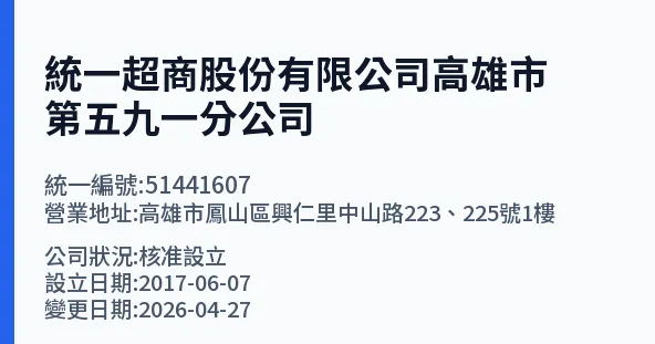 統一超商股份有限公司高雄市第五九一分公司的照片-統編 51441607(高雄市) 公司登記資料與營業項目詳細圖表