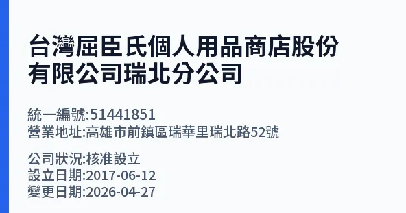 台灣屈臣氏個人用品商店股份有限公司瑞北分公司的照片-統編 51441851(高雄市) 公司登記資料與營業項目詳細圖表