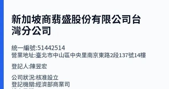 新加坡商翡盛股份有限公司台灣分公司的照片-統編 51442514(臺北市) 公司登記資料與營業項目詳細圖表