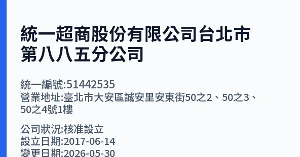 統一超商股份有限公司台北市第八八五分公司的照片-統編 51442535(臺北市) 公司登記資料與營業項目詳細圖表