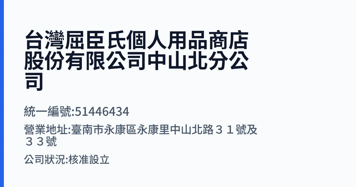 台灣屈臣氏個人用品商店股份有限公司中山北分公司 - 統編 51446434(臺南市) 公司登記資料與營業項目詳細圖表