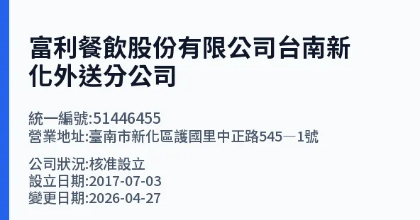富利餐飲股份有限公司台南新化外送分公司的照片-統編 51446455(臺南市) 公司登記資料與營業項目詳細圖表