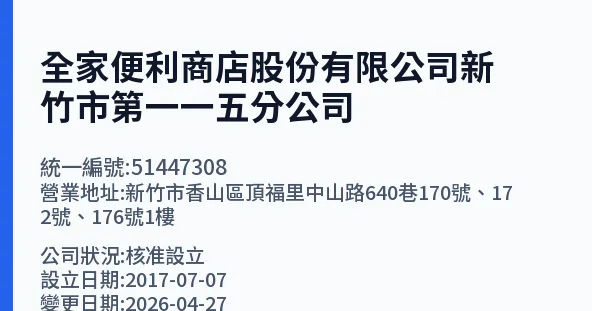 全家便利商店股份有限公司新竹市第一一五分公司的照片-統編 51447308(新竹市) 公司登記資料與營業項目詳細圖表