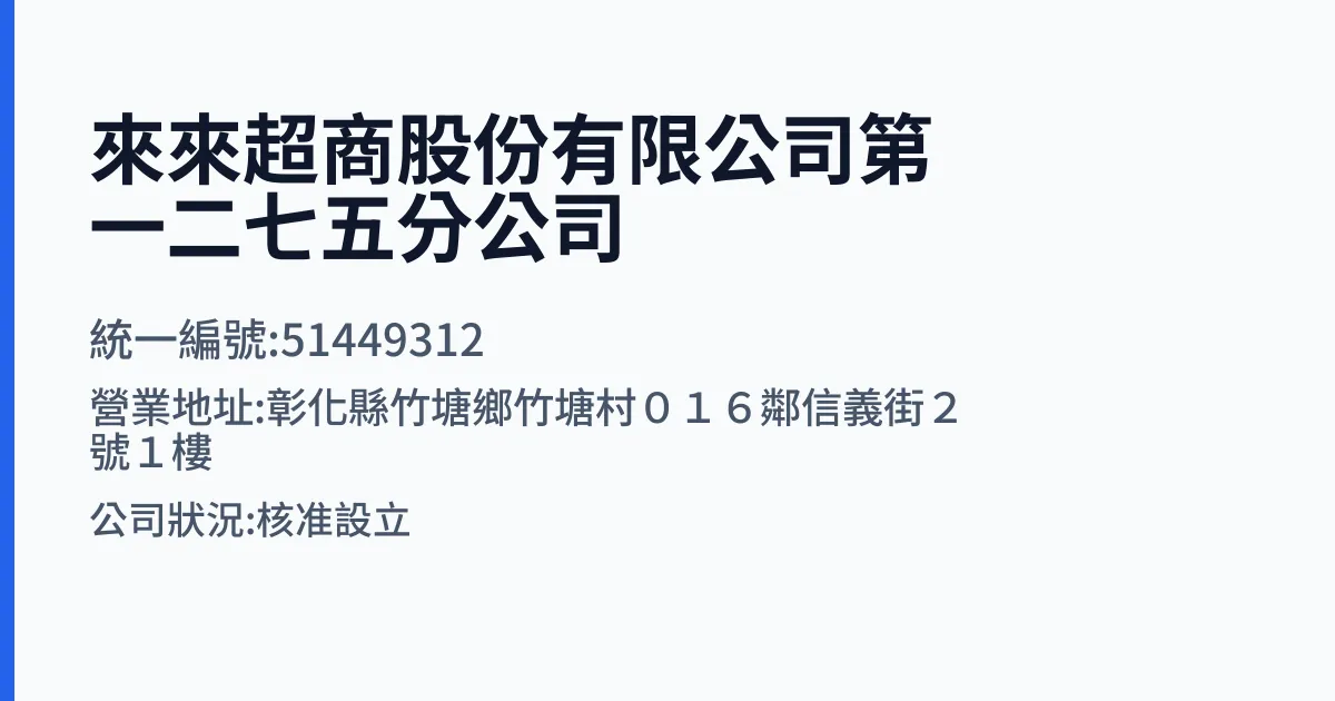 來來超商股份有限公司第一二七五分公司 - 統編 51449312(彰化縣) 公司登記資料與營業項目詳細圖表