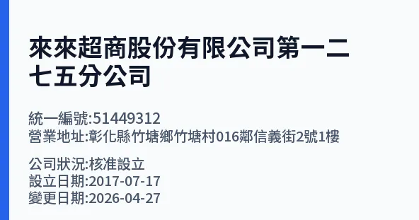 來來超商股份有限公司第一二七五分公司的照片-統編 51449312(彰化縣) 公司登記資料與營業項目詳細圖表
