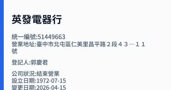 英發電器行的照片-統編 51449663(臺中市) 公司登記資料與營業項目詳細圖表