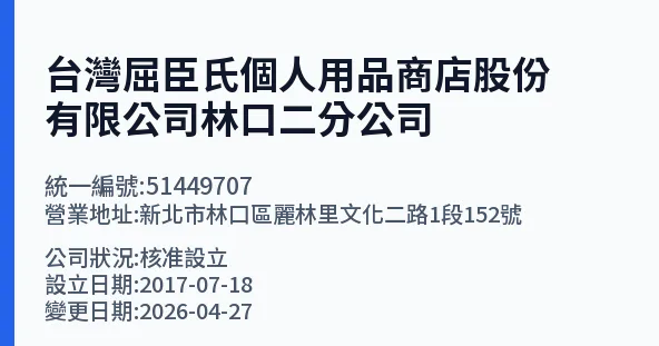台灣屈臣氏個人用品商店股份有限公司林口二分公司的照片-統編 51449707(新北市) 公司登記資料與營業項目詳細圖表