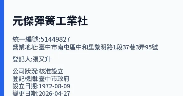元傑彈簧工業社的照片-統編 51449827(臺中市) 公司登記資料與營業項目詳細圖表