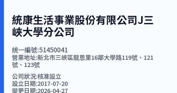 統康生活事業股份有限公司J三峽大學分公司的照片-統編 51450041(新北市) 公司登記資料與營業項目詳細圖表