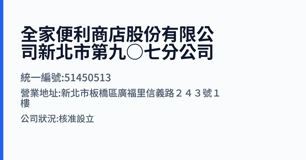 全家便利商店股份有限公司新北市第九○七分公司 - 統編 51450513(新北市) 公司登記資料與營業項目詳細圖表