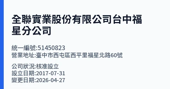 全聯實業股份有限公司台中福星分公司的照片-統編 51450823(臺中市) 公司登記資料與營業項目詳細圖表