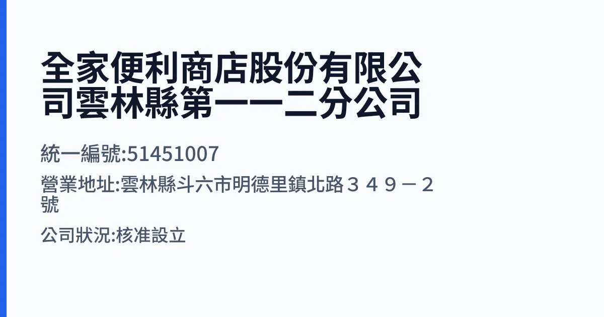 全家便利商店股份有限公司雲林縣第一一二分公司 - 統編 51451007(雲林縣) 公司登記資料與營業項目詳細圖表