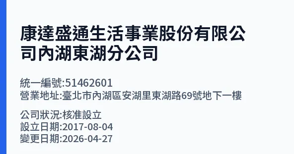 康達盛通生活事業股份有限公司內湖東湖分公司的照片-統編 51462601(臺北市) 公司登記資料與營業項目詳細圖表