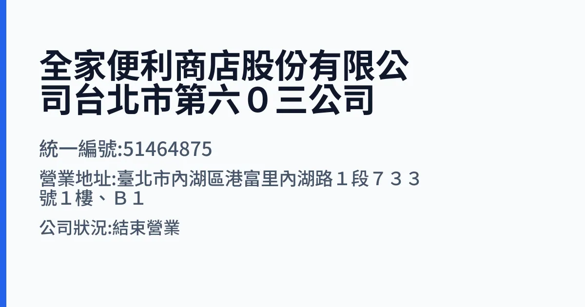 全家便利商店股份有限公司台北市第六０三公司 - 統編 51464875(臺北市) 公司登記資料與營業項目詳細圖表