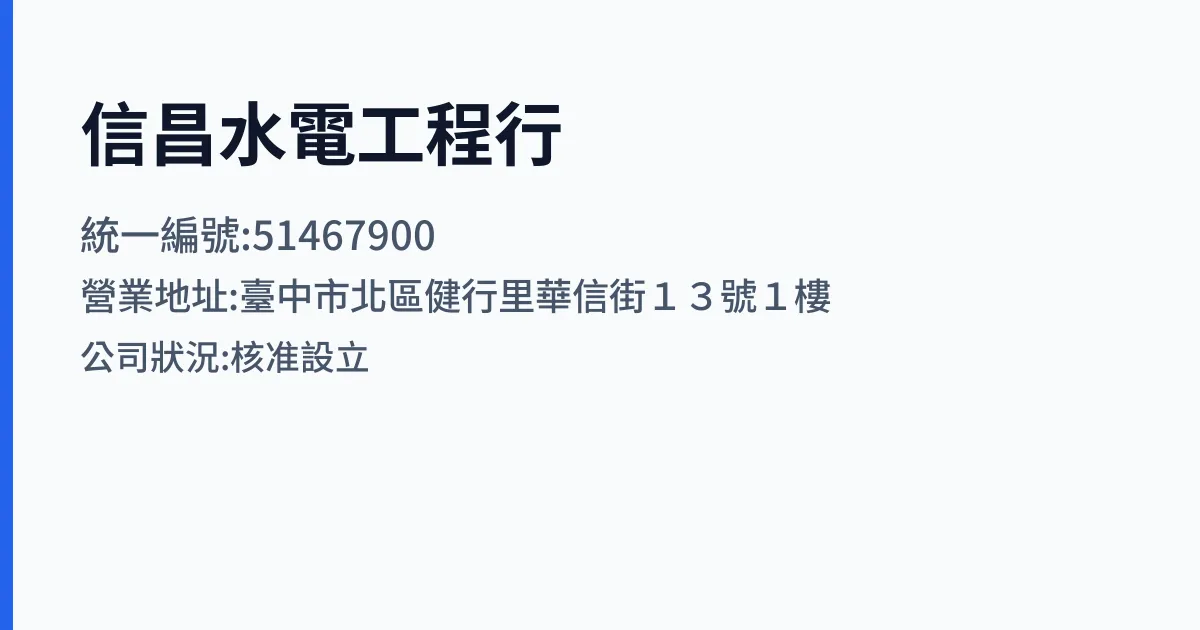 信昌水電工程行 - 統編 51467900(臺中市) 公司登記資料與營業項目詳細圖表