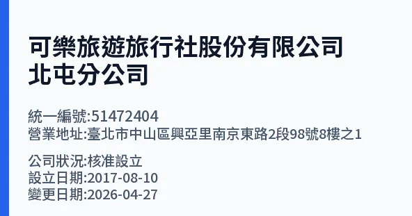 可樂旅遊旅行社股份有限公司北屯分公司的照片-統編 51472404(臺北市) 公司登記資料與營業項目詳細圖表