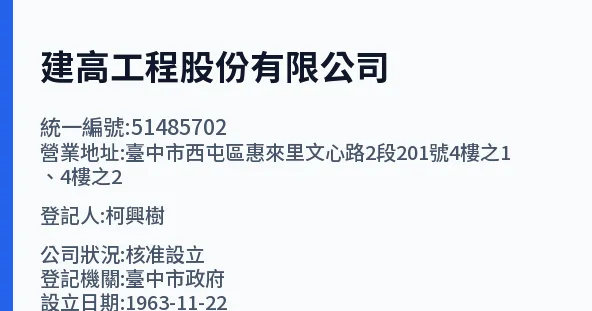 建高工程股份有限公司的照片-統編 51485702(臺中市) 公司登記資料與營業項目詳細圖表