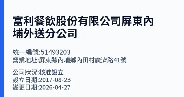 富利餐飲股份有限公司屏東內埔外送分公司的照片-統編 51493203(屏東縣) 公司登記資料與營業項目詳細圖表