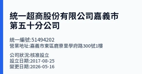 統一超商股份有限公司嘉義市第五十分公司的照片-統編 51494202(嘉義市) 公司登記資料與營業項目詳細圖表