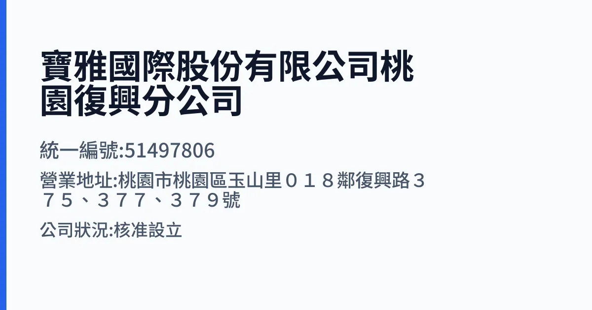 寶雅國際股份有限公司桃園復興分公司 - 統編 51497806(桃園市) 公司登記資料與營業項目詳細圖表