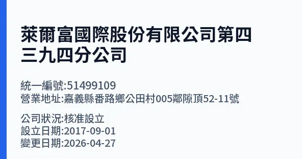 萊爾富國際股份有限公司第四三九四分公司的照片-統編 51499109(嘉義縣) 公司登記資料與營業項目詳細圖表