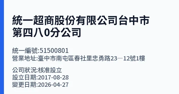 統一超商股份有限公司台中市第四八0分公司的照片-統編 51500801(臺中市) 公司登記資料與營業項目詳細圖表