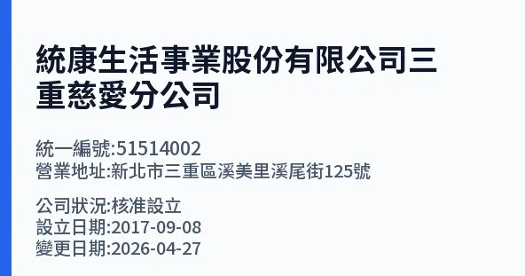 統康生活事業股份有限公司三重慈愛分公司的照片-統編 51514002(新北市) 公司登記資料與營業項目詳細圖表