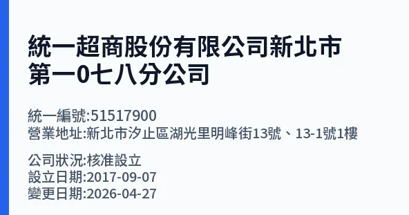 統一超商股份有限公司新北市第一0七八分公司的照片-統編 51517900(新北市) 公司登記資料與營業項目詳細圖表