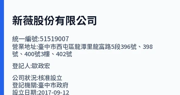 新薇股份有限公司的照片-統編 51519007(臺中市) 公司登記資料與營業項目詳細圖表