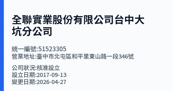 全聯實業股份有限公司台中大坑分公司的照片-統編 51523305(臺中市) 公司登記資料與營業項目詳細圖表