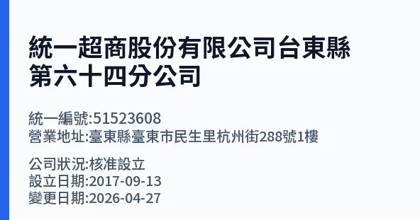 統一超商股份有限公司台東縣第六十四分公司的照片-統編 51523608(臺東縣) 公司登記資料與營業項目詳細圖表