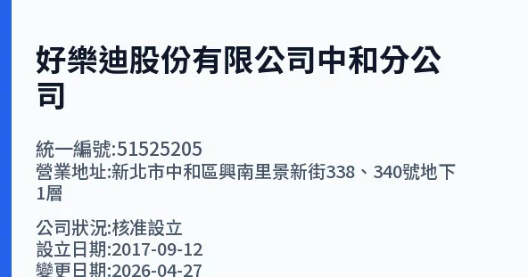 好樂迪股份有限公司中和分公司的照片-統編 51525205(新北市) 公司登記資料與營業項目詳細圖表