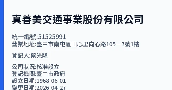 真善美交通事業股份有限公司的照片-統編 51525991(臺中市) 公司登記資料與營業項目詳細圖表