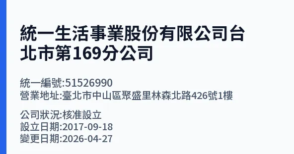 統一生活事業股份有限公司台北市第169分公司的照片-統編 51526990(臺北市) 公司登記資料與營業項目詳細圖表