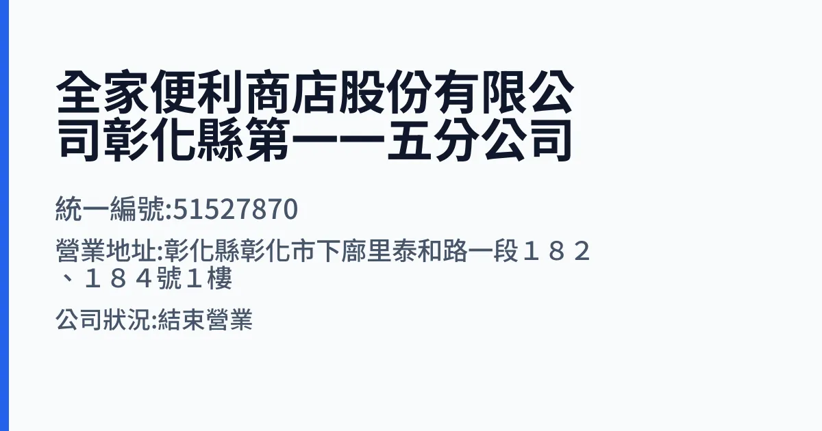 全家便利商店股份有限公司彰化縣第一一五分公司 - 統編 51527870(彰化縣) 公司登記資料與營業項目詳細圖表