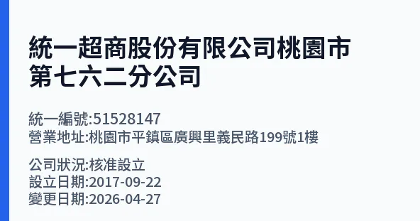 統一超商股份有限公司桃園市第七六二分公司的照片-統編 51528147(桃園市) 公司登記資料與營業項目詳細圖表