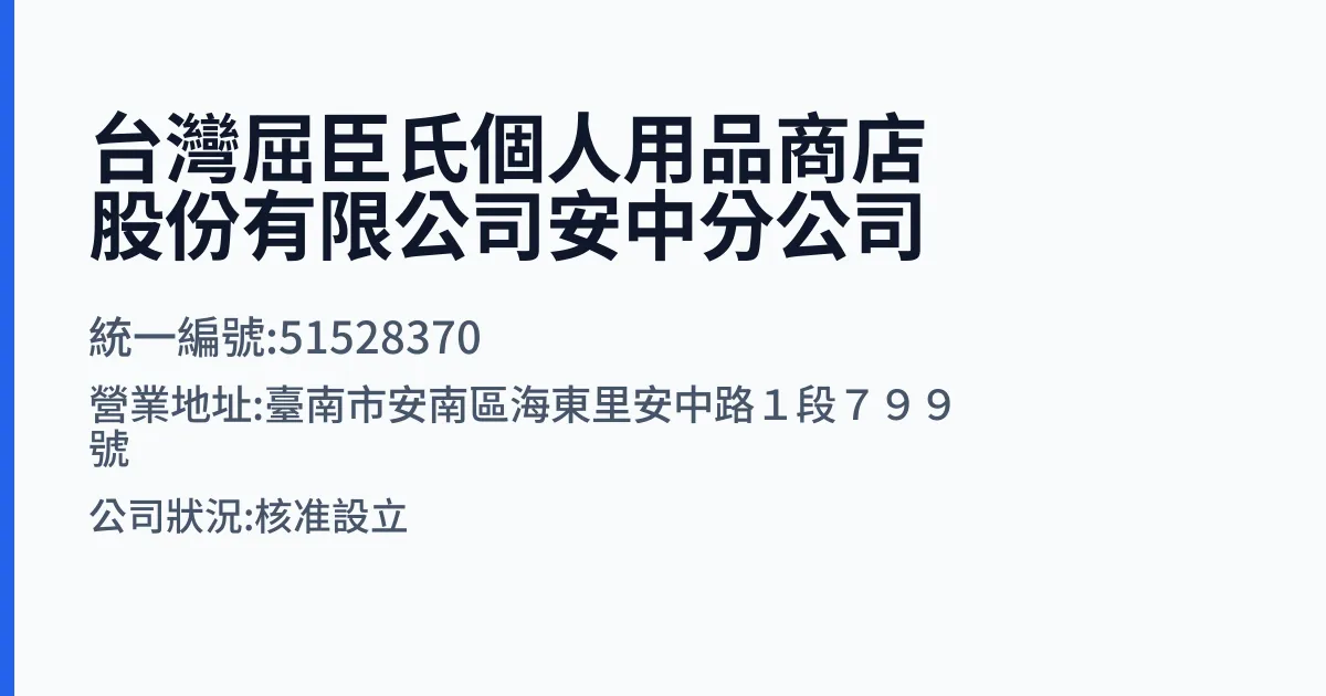 台灣屈臣氏個人用品商店股份有限公司安中分公司 - 統編 51528370(臺南市) 公司登記資料與營業項目詳細圖表