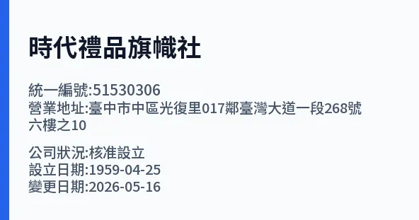 時代禮品旗幟社的照片-統編 51530306(臺中市) 公司登記資料與營業項目詳細圖表
