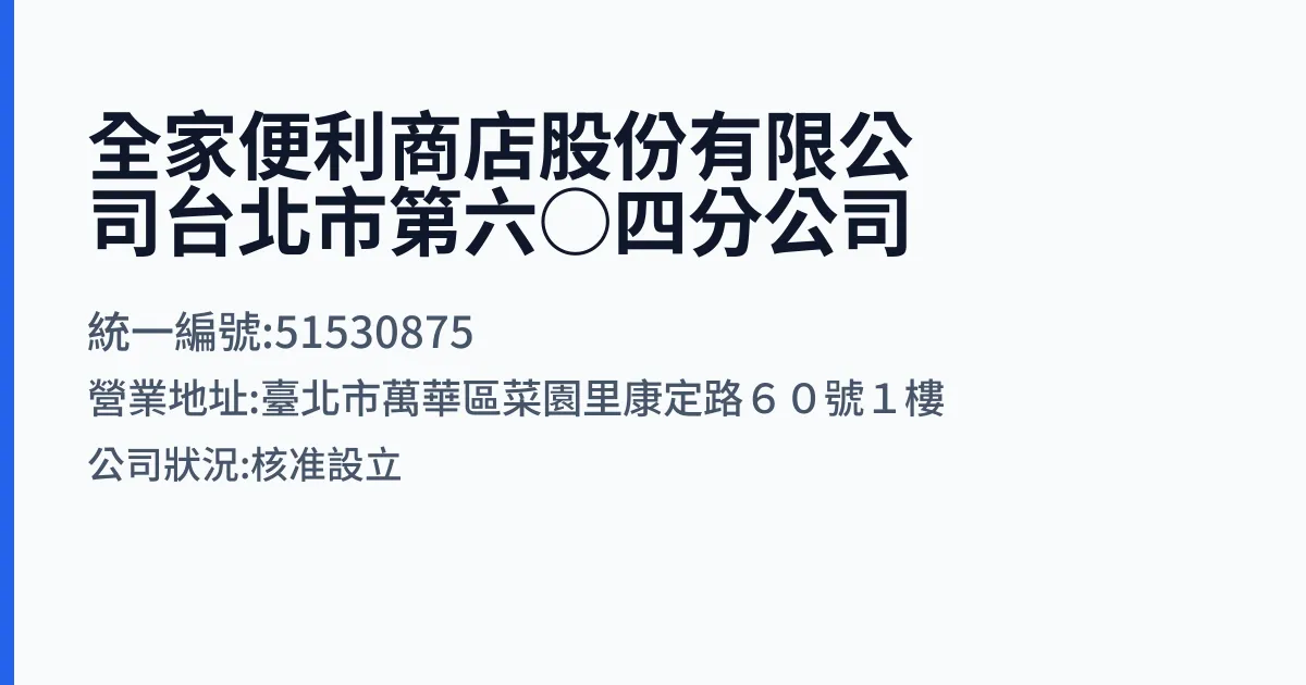 全家便利商店股份有限公司台北市第六○四分公司 - 統編 51530875(臺北市) 公司登記資料與營業項目詳細圖表
