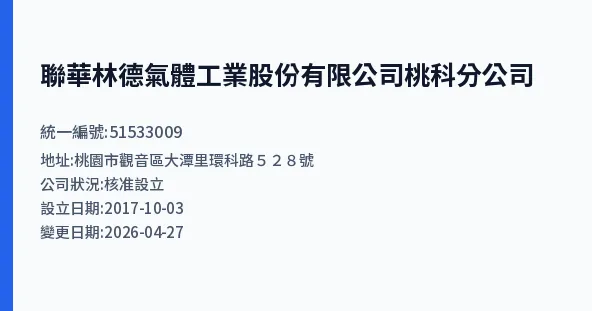 聯華林德氣體工業股份有限公司桃科分公司的照片-統編 51533009(桃園市) 公司登記資料與營業項目詳細圖表