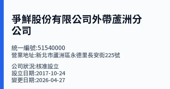爭鮮股份有限公司外帶蘆洲分公司的照片-統編 51540000(新北市) 公司登記資料與營業項目詳細圖表